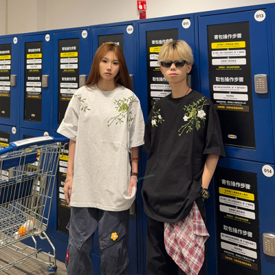 美式重工字母刺绣短袖T恤男女