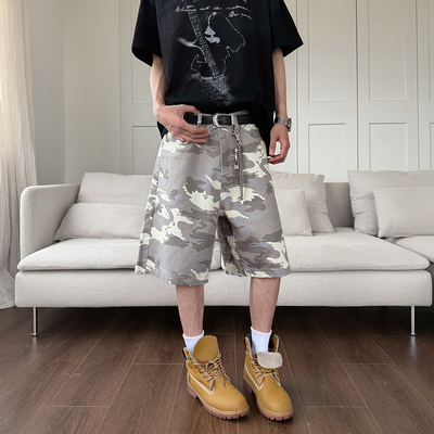 YORAINBOW 夏季灰白迷彩五分牛仔美式短裤男宽松阔腿休闲百搭街头