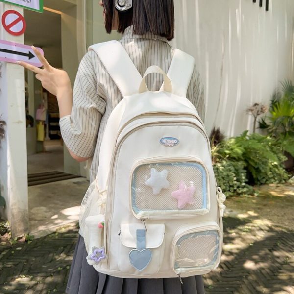 多口袋拼色少女书包新款可爱星星爱心学生背包jk软妹痛包双肩包女