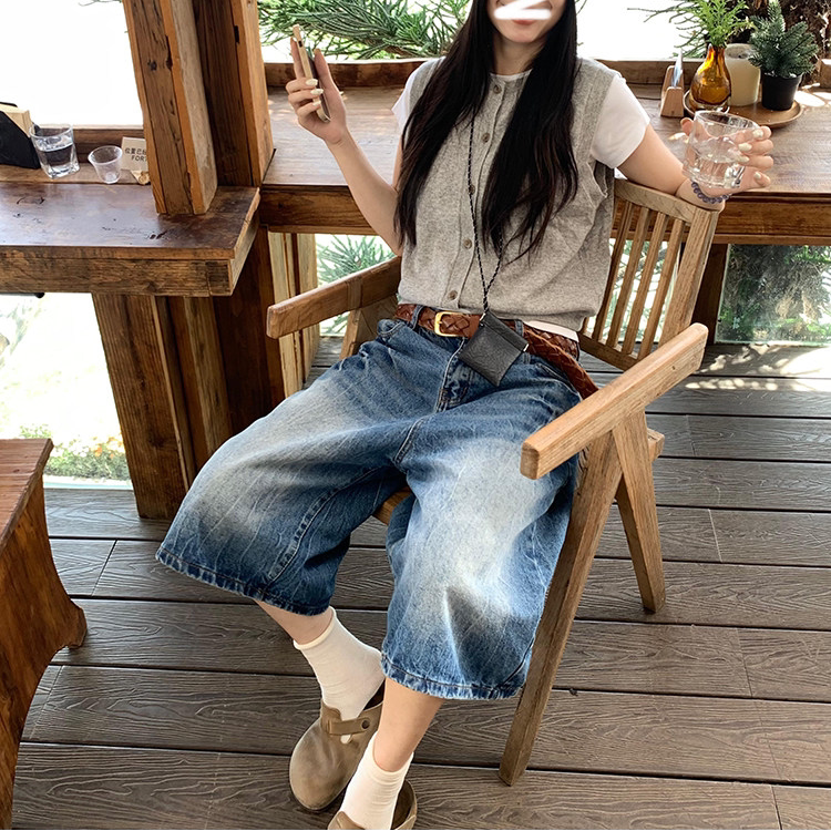 美式复古高腰宽松直筒牛仔七分裤女夏季显瘦垂感阔腿裤子百搭外穿