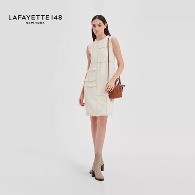 LAFAYETTE148/拉飞逸 流苏拼接圆领无袖连衣裙