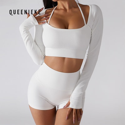 春夏新款罗纹健身运动上衣女带胸垫速干健身服修身紧身长袖瑜伽服