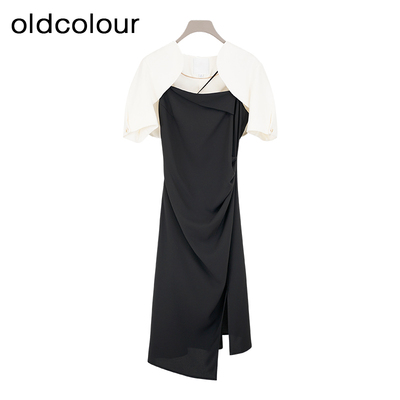 oldcolour夏新款时尚气质设计感披肩短袖连衣裙套装女BR291003A1