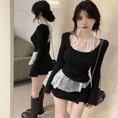 纯欲辣妹挂脖蕾丝显瘦假两件T恤