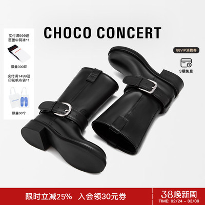 CHOCO CONCERT设计鞋履丨25AW圆头搭扣中筒骑士靴 时尚复古厚底靴