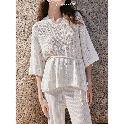 Zaanli暂离 明星同款 极简度假感纯棉钩花针织上衣