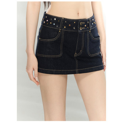 VIAPITTI设计感重工腰头彩钉牛仔半身裙女夏季直筒百搭短裙