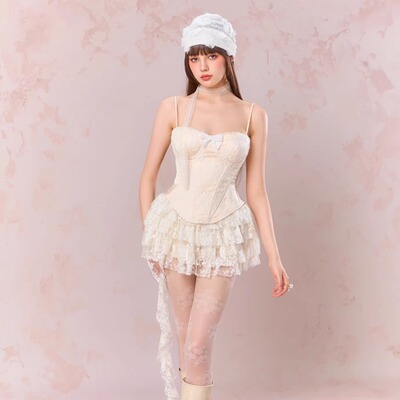 Jean SOO 南洋油画刺绣蕾丝撞色拼接鱼骨吊带胸衣蕾丝蛋糕半身裙