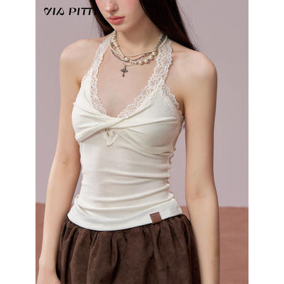 VIAPITTI设计感蕾丝拼接内搭打底挂脖背心女装秋冬莱赛尔吊带上衣