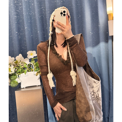 SHELLE ARTISTE手工钩花V领毛衣