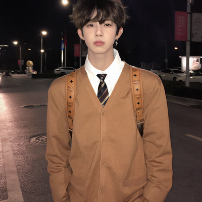 【刺篇】DK制服学院风长袖驼色针织衫上衣外套秋冬毛衣开衫套装男