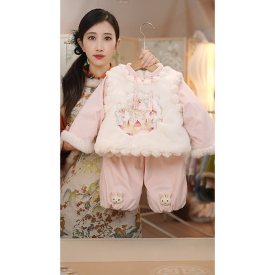 现货【莲花鹿】GF038女童冬季加绒加厚兔子刺绣国风套装拜年服