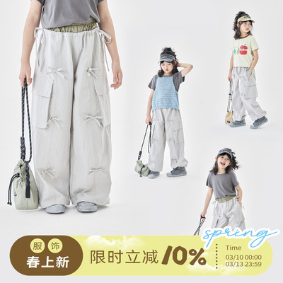 立体蝴蝶结高低腰拼接长裤工装裤