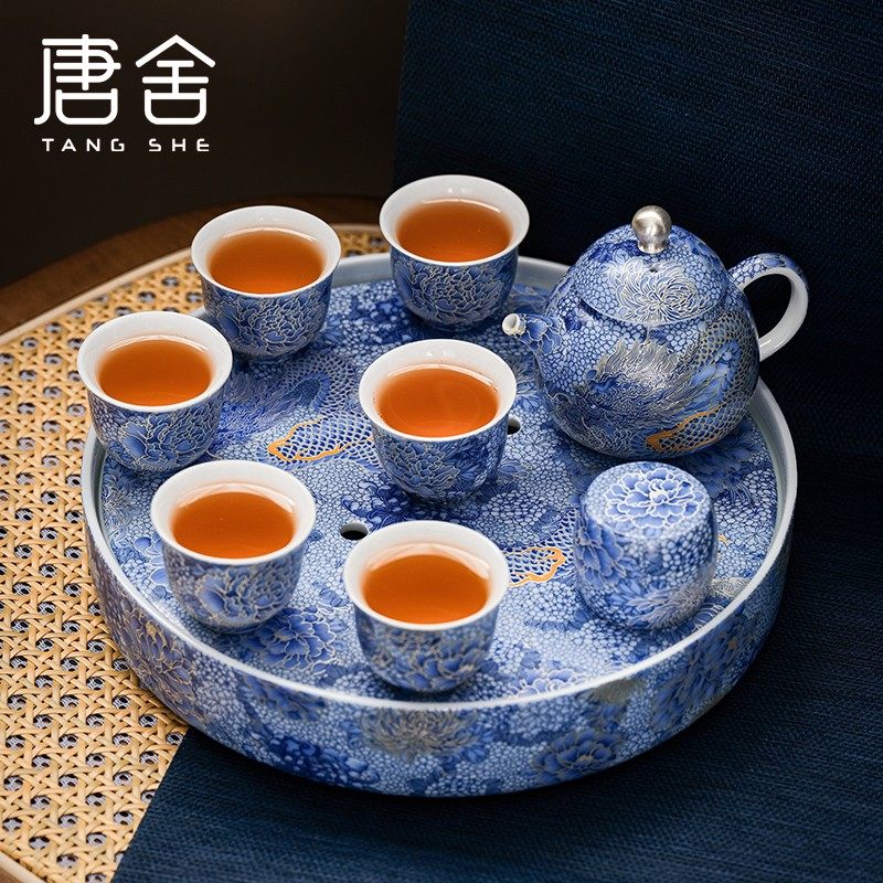 唐舍珐琅彩掐丝银龙腾盛世功夫茶具套装整套带陶瓷茶盘礼盒装礼品