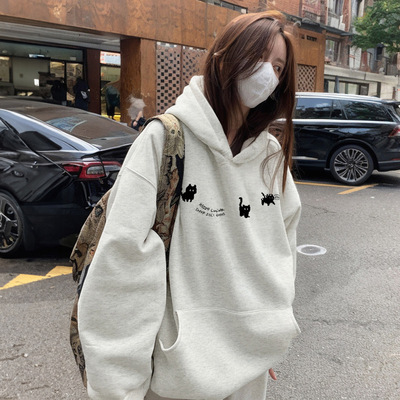 白灰色卡通猫咪连帽卫衣女2025新款秋冬帽衫韩系极简穿搭上衣外套
