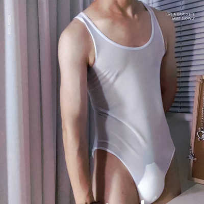 男士运动连体衣弹力网纱透视背心性感诱惑包蛋三角裤不卡裆内衣