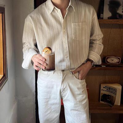 Men Shirt 条纹长袖衬衫男士早秋韩版质感休闲免烫垂感衬衣男装