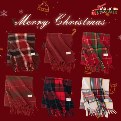 Scarf Women's Warm Christmas Shawl秋冬季圣诞仿羊绒格纹围巾女