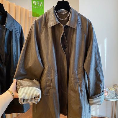 Medium to long leather jacket for women中长款皮衣外套女风衣