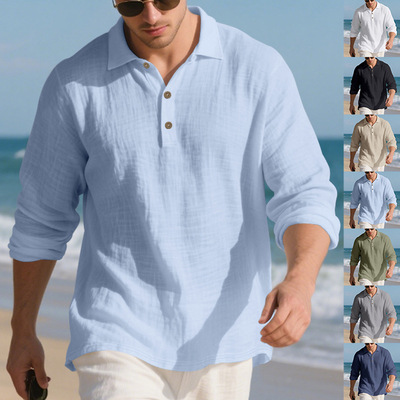 亚马逊秋季美式宽松亚麻翻领系扣休闲商务男士长袖POLO衫翻领衬衫