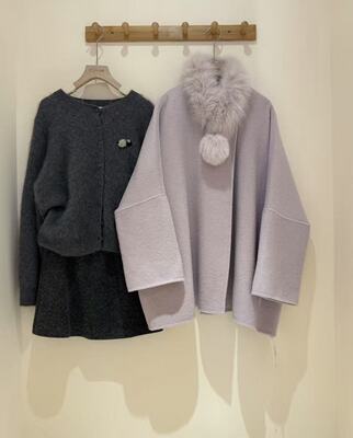 韩国东大门狐狸毛领围巾双面羊毛呢子大衣斗篷外套女阔版冬季新款