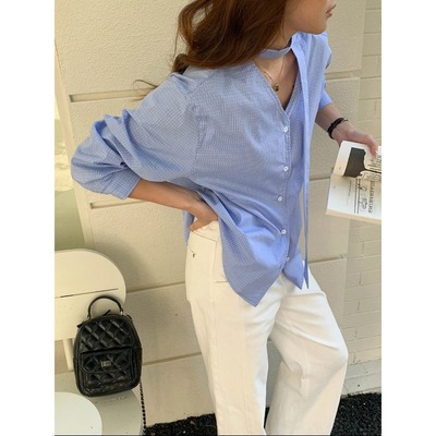 SUNS 早春新款 韩系温柔风飘带V领宽松蓝色格纹长袖衬衫女ZY3890
