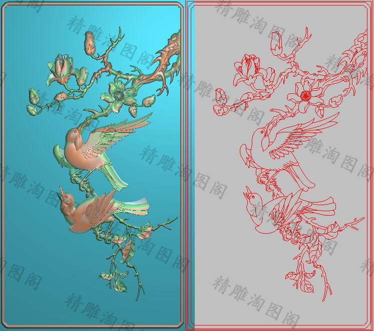 新款玉兰花鸟门板精雕图灰度图浮雕精品富贵沙发背板花鸟235x407