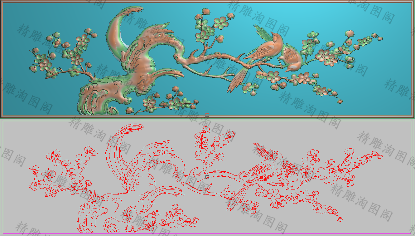 新款梅花鸟精雕图灰度图浮雕精品梅花老树花鸟沙发床背板791x225