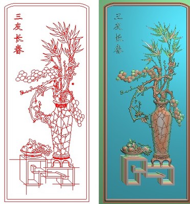 博古松竹梅花瓶精雕图灰度图浮雕图精品三友长春背板门板169x398