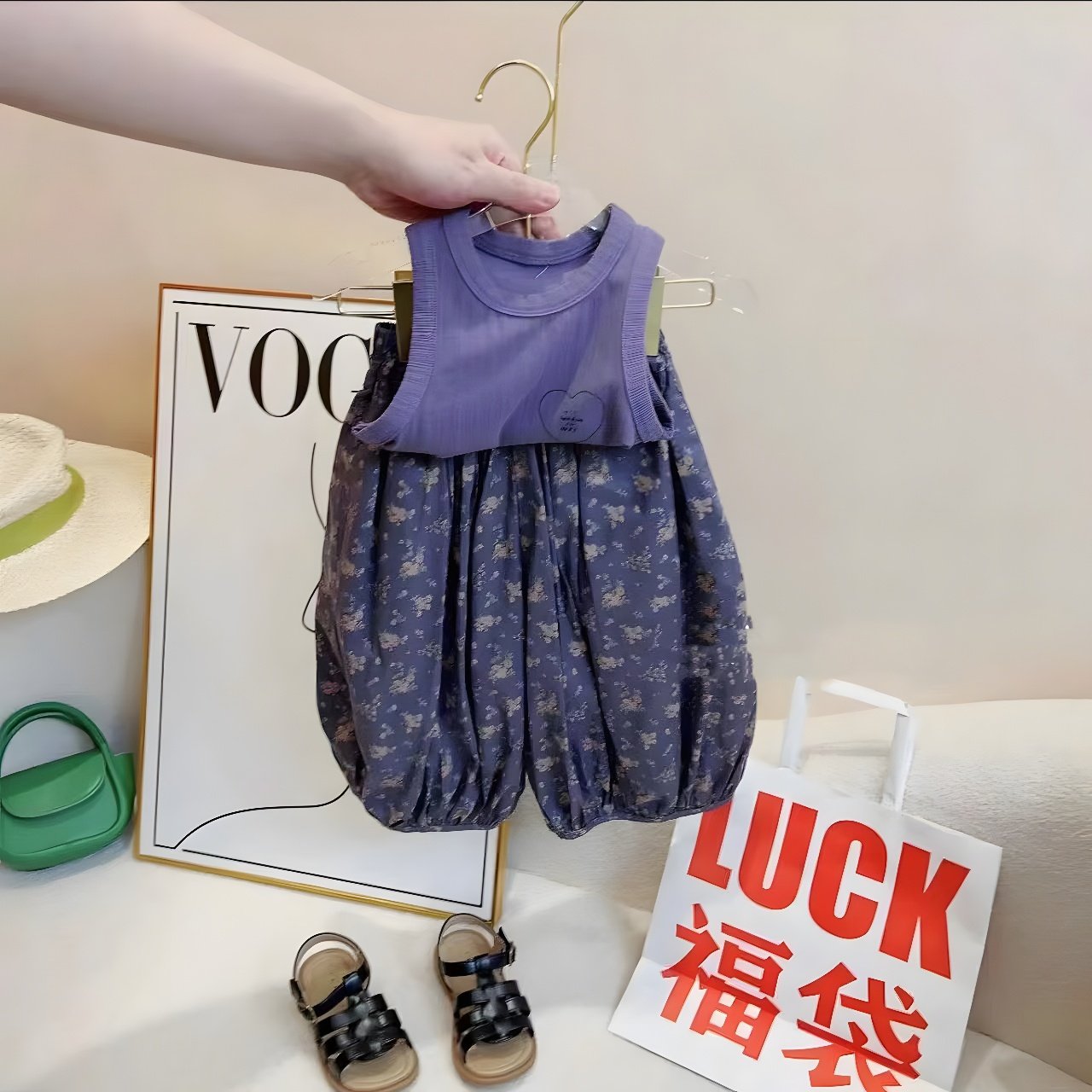 女童套装夏季新款韩版童装女宝宝洋气无袖上衣碎花灯笼裤两件套潮_虎窝淘