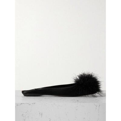 Saint Laurent 圣罗兰 女士 羽毛修饰绸缎便鞋 8076409QNBZ
