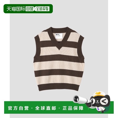 1h可退 日本直邮MHL. 女装 V领宽条纹羊毛混棉针织衫 宽松半高领
