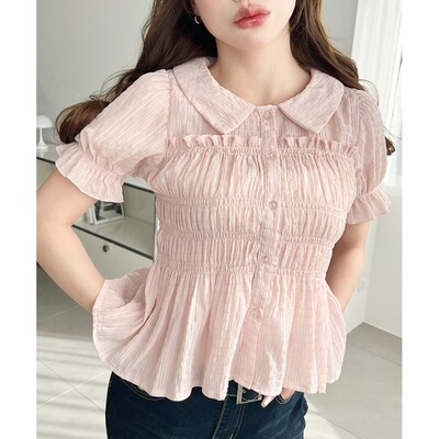 日本直邮moment+ 女装 半袖镂空褶皱设计衬衫 mt02482泡泡袖
