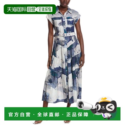 自营Gracia Cloud Print Sleeveless Belted Shirtdress - blue