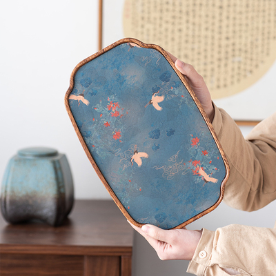 织锦云纱胡桃木壶承干泡台茶盘小型实木茶台禅意收纳盘双面可用