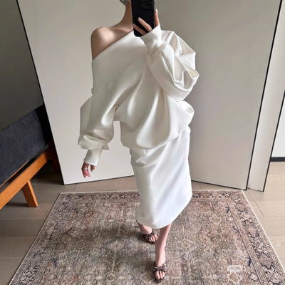 现货25AW松弛老钱重工大廓形斜肩露肩长袖卫衣上衣卫衣半身裙套装