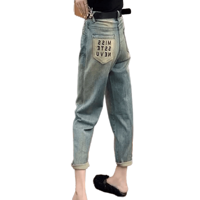 字母哈伦牛仔裤女装2025年新款春季宽松直筒小个子显瘦九分老爹裤