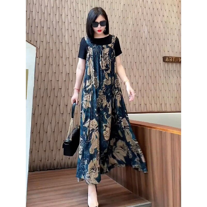 高级感背带裙套装女2024夏季新款高端欧货宽松遮肚吊带裙+短袖T恤
