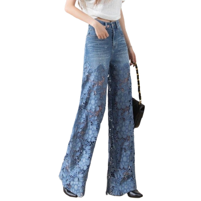 高腰阔腿裤女2025年春夏季时尚气质百搭缕空蕾丝拼接牛仔垂感裤子