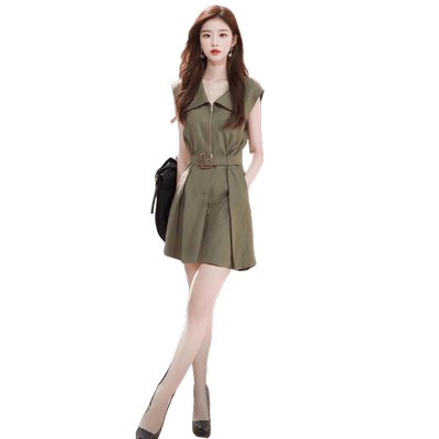 显瘦气质款卡其色翻领短袖收腰连衣裙超好看大方得体的裙子女