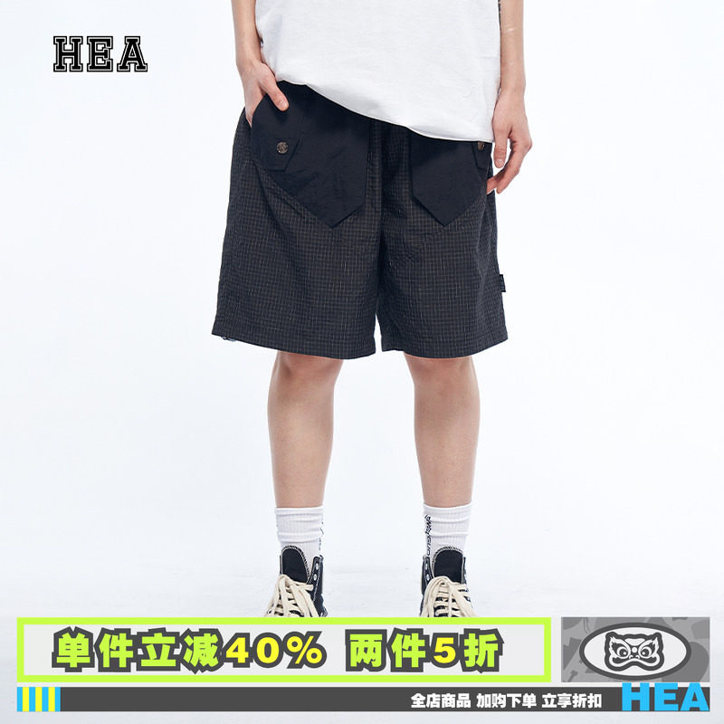 HEA 休闲短裤经典格纹大口袋抽绳宽松直筒街头五分裤运动风轻户外