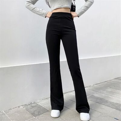 All-Match Women Fashion Elastic Waist Black Flared Pants Sol