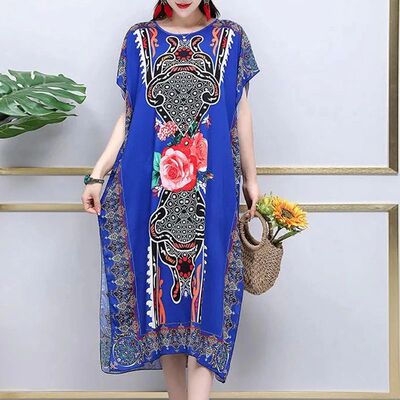 Casual Elegant Ethnic Style Retro Floral Round Neck Slit Str