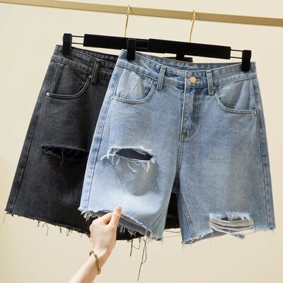 M-4XL Summer Women Denim Shorts Hole Ripped Loose Straigh Ha