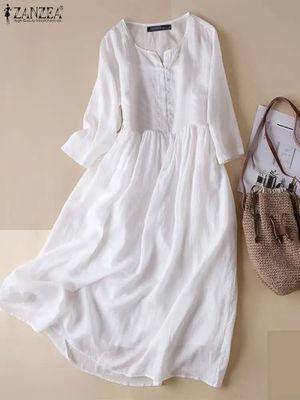 Women White Beach Dress Solid Summer A-line Half Sleeve Shir