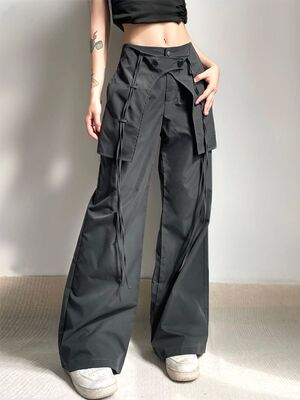 Patchwork Ribbon Hem Cargo Pants Low Waist Gray Hippie Dance