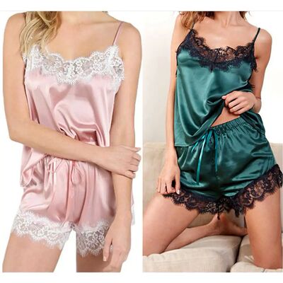 Fashionable Sexy Imitation Silk Lace Pajama Set Women Comfor
