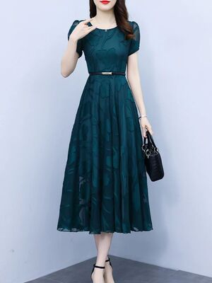 Green Women 2024 New Chiffon Vintage Casual Floral Dress Sho