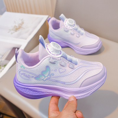 女童跑步鞋网面透气旋扣免系带