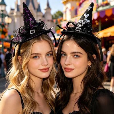 2Pcs Random Print Tulle Bow Witch Pointed Hat Headbands Hall